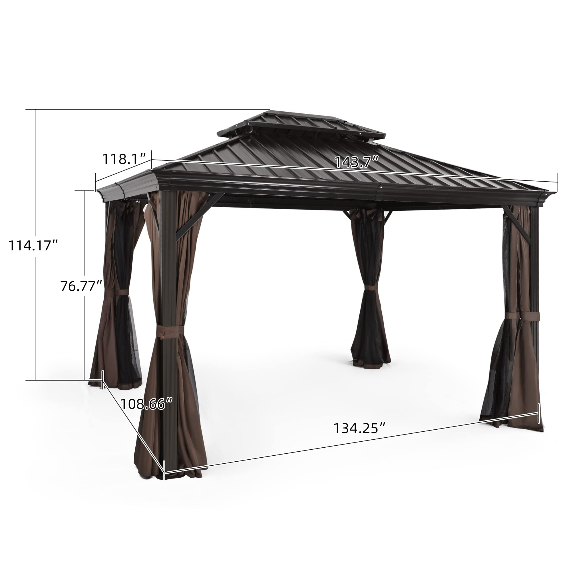 BACKYADOOR 10x12 Gazebo, Outdoor Hardtop Gazebo with Mosquito Netting and Curtains, Hard Top Metal Gazebo for Backyard, Deck, Poolside (Brown)