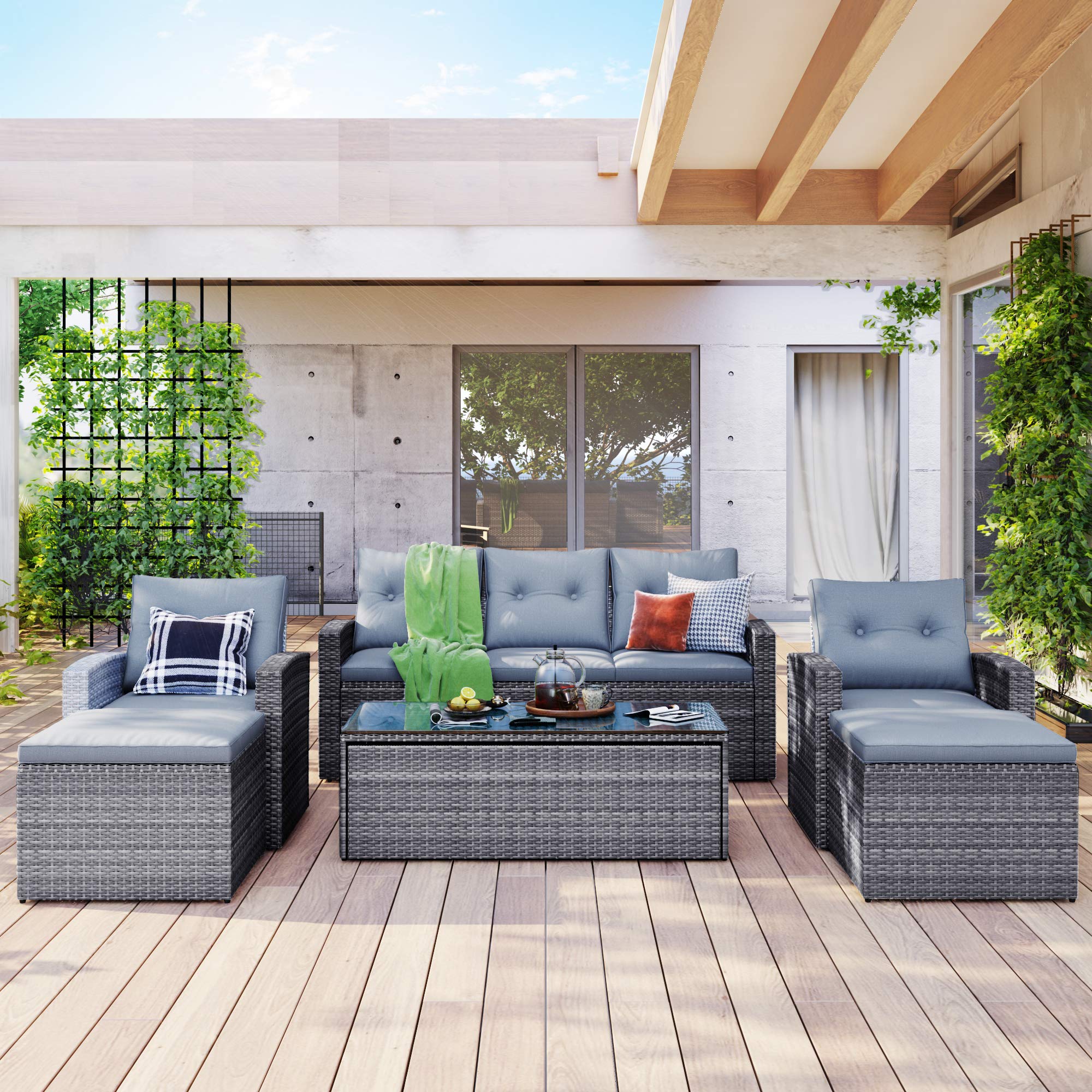 Brabrety 6-Piece All-Weather Wicker PE Rattan Patio Outdoor Dining Conversation Sectional Set with Coffee Table, Wicker Sofas, Removable Cushions for Patio, Deck, Yard, Garden. (Gray#1)