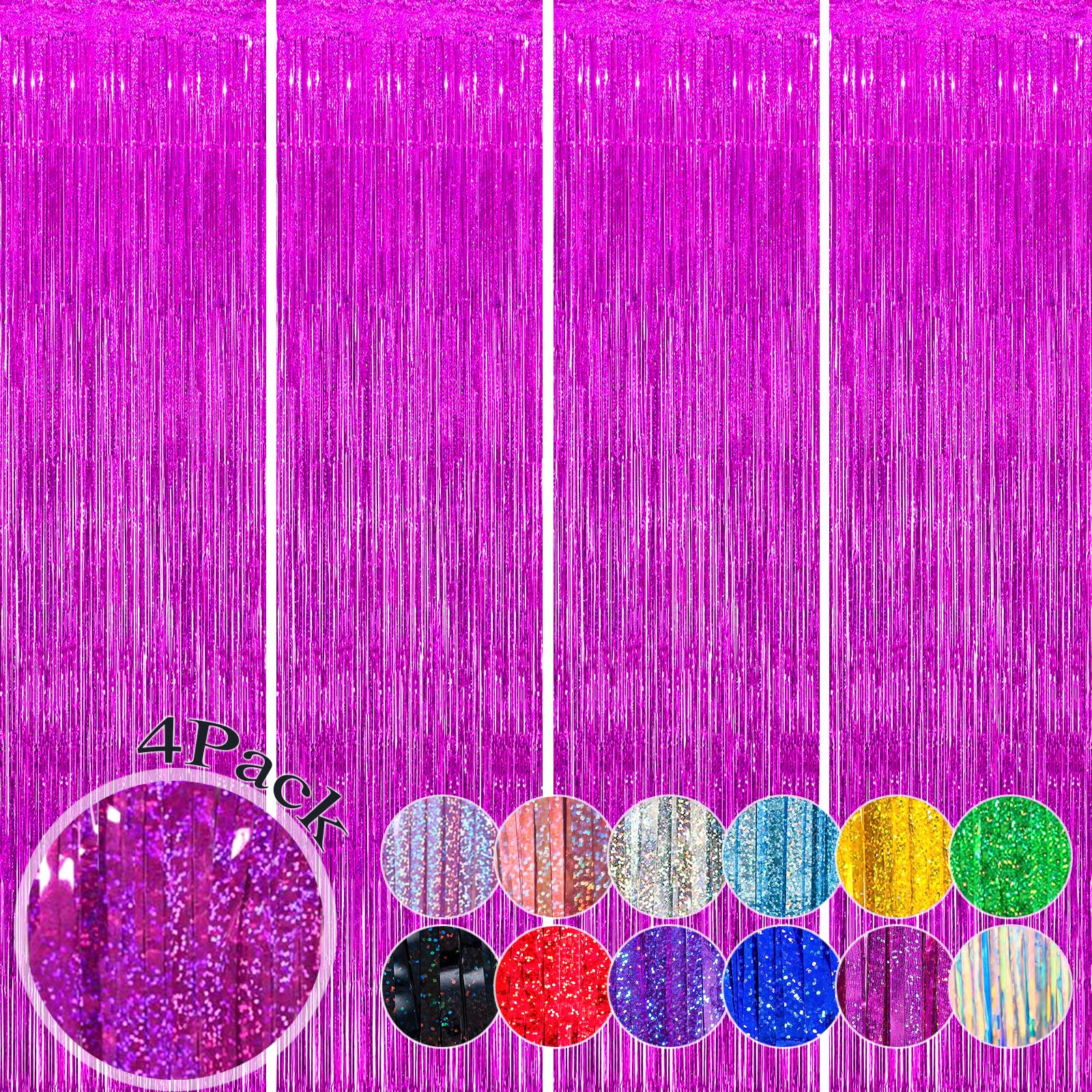 Slmeno 4 Pack 3.3x8.2 Feet Hot Foil Fringe Backdrop Curtains, Hot Foil Fringe Curtain Backdrop Streamers Party Decor Birthday Party, Baby Shower, Bachelorette, Disco, Grad Party, 4pcs Laser Rose-red