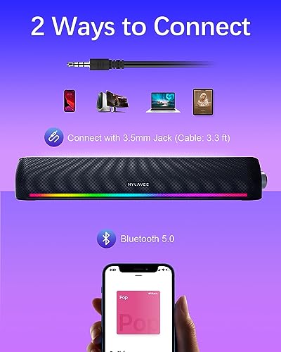 Computer Speakers, Hi-Fi Sound Quality Computer Sound Bar, Bluetooth 5.0 & 3.5mm Wired PC Speakers with 4 Dynamic Lighting Modes, USB Powered Speakers for PC, Desktop, Laptops, Phones, Monitors, Xbox