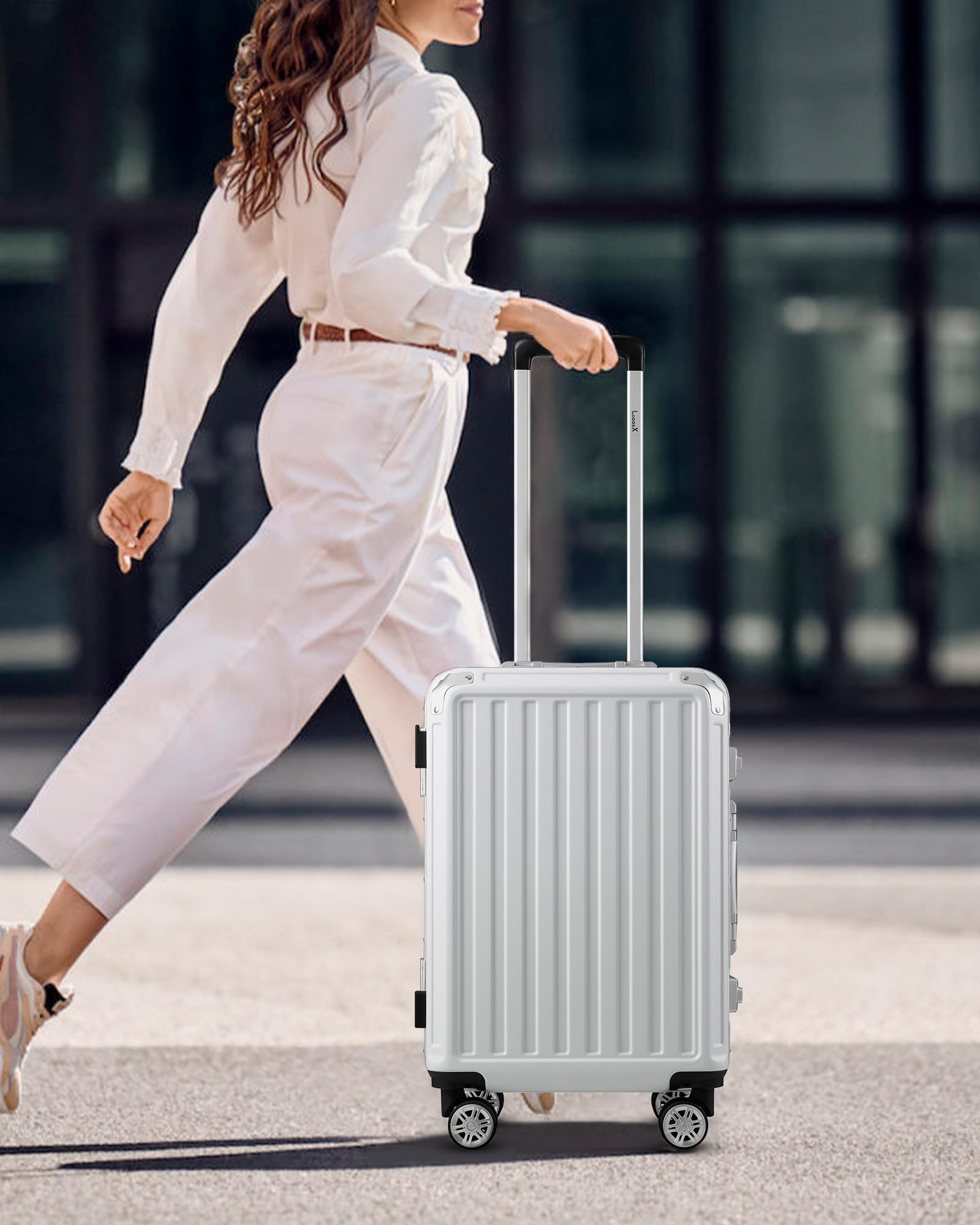 LUGGEX Carry On Luggage with Aluminum Frame, Polycarbonate Zipperless Luggage with Wheels, White Hard Shell Luggage 4 Metal Corner