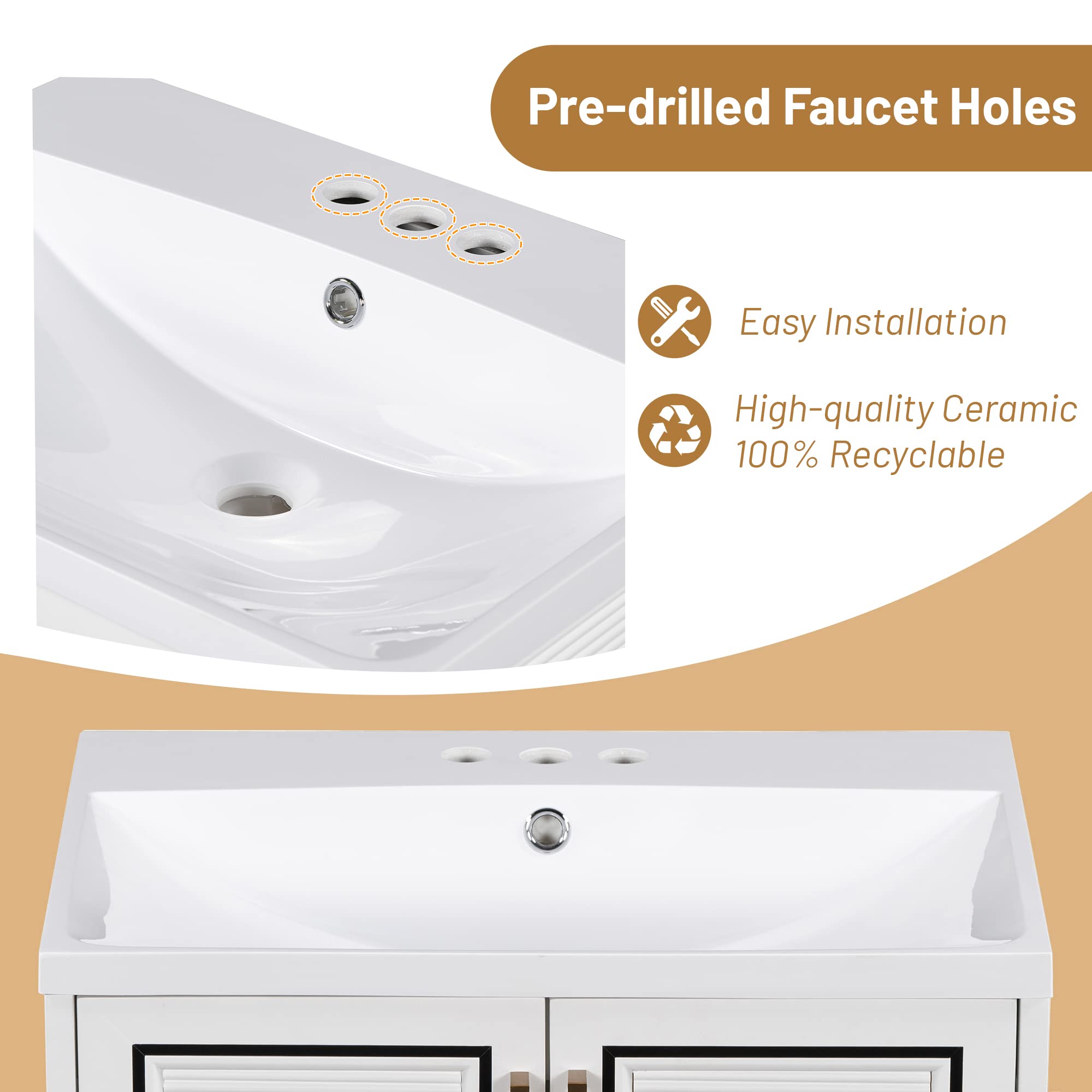 Polibi 24" Wall Mounted Bathroom Vanity with Ceramic Basin, Two Shutter Doors, Solid Wood & MDF Board, Modern Hanging Bath Cabinet