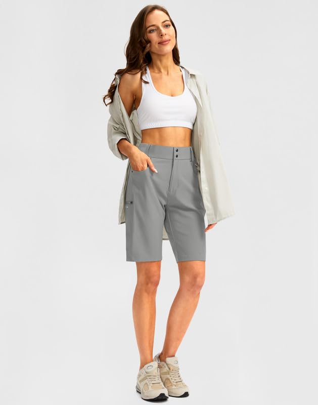Women's Long Golf Hiking Shorts with Pockets 10" Quick Dry Lightweight Cargo Bermuda Shorts for Women Knee Length(Glacier Gray,XL)