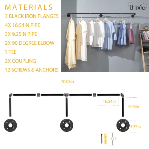 iflove Industrial Pipe Clothing Rack, 70 Inch Wall Mounted Clothes Rack, Wall Racks Hangers Laundry Room for Hanging Clothes, Closet Rods Heavy Duty, Display Rack for Retail, Black with 4 Hooks