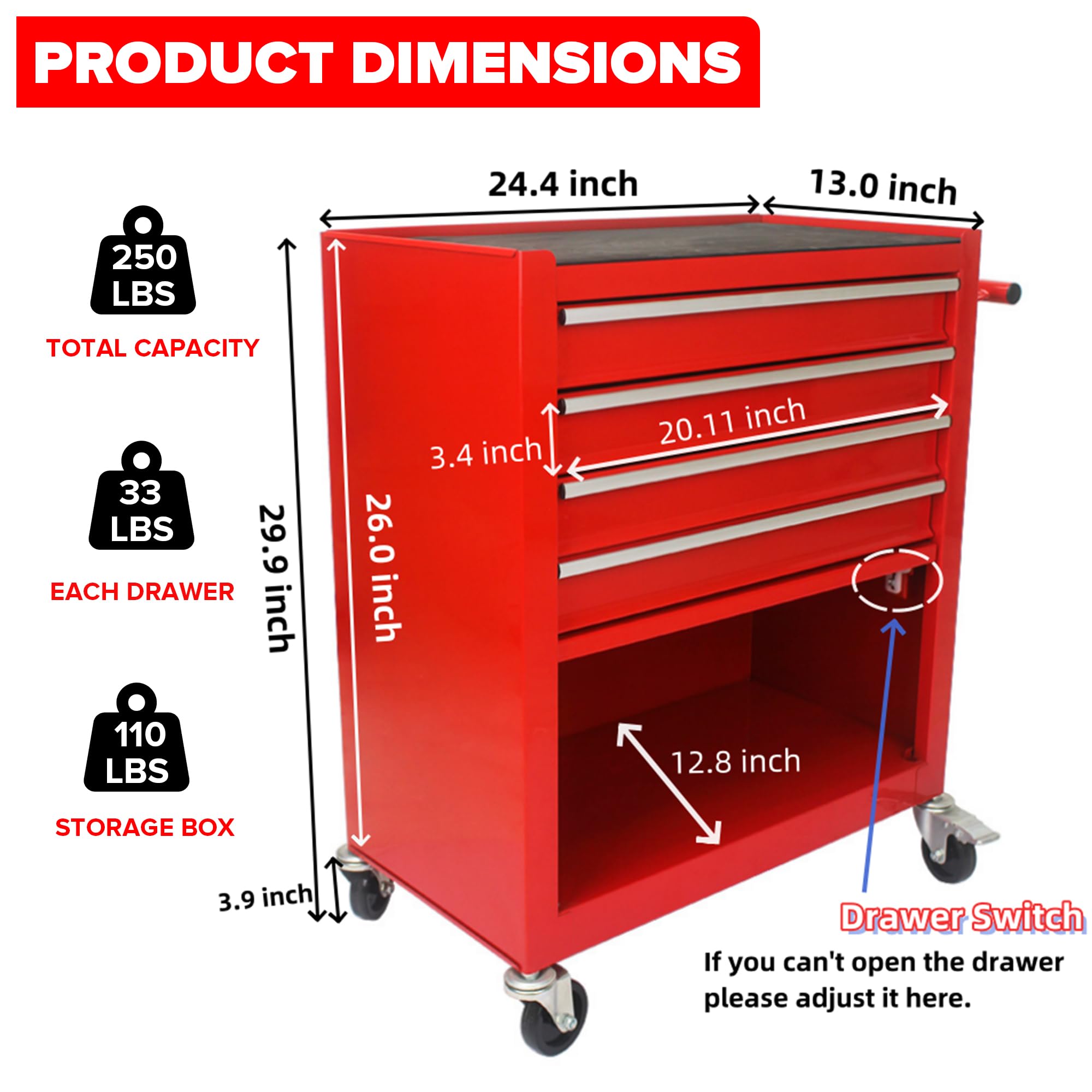 nifoti 4 Drawers Tool Cart on Wheels,Rolling Tool Box Tool Storage, Drawers Rolling Tool Box Organizer Tool Case for Garage, Warehouse, Workshop, Repair Shop (4 Drawers(Red))