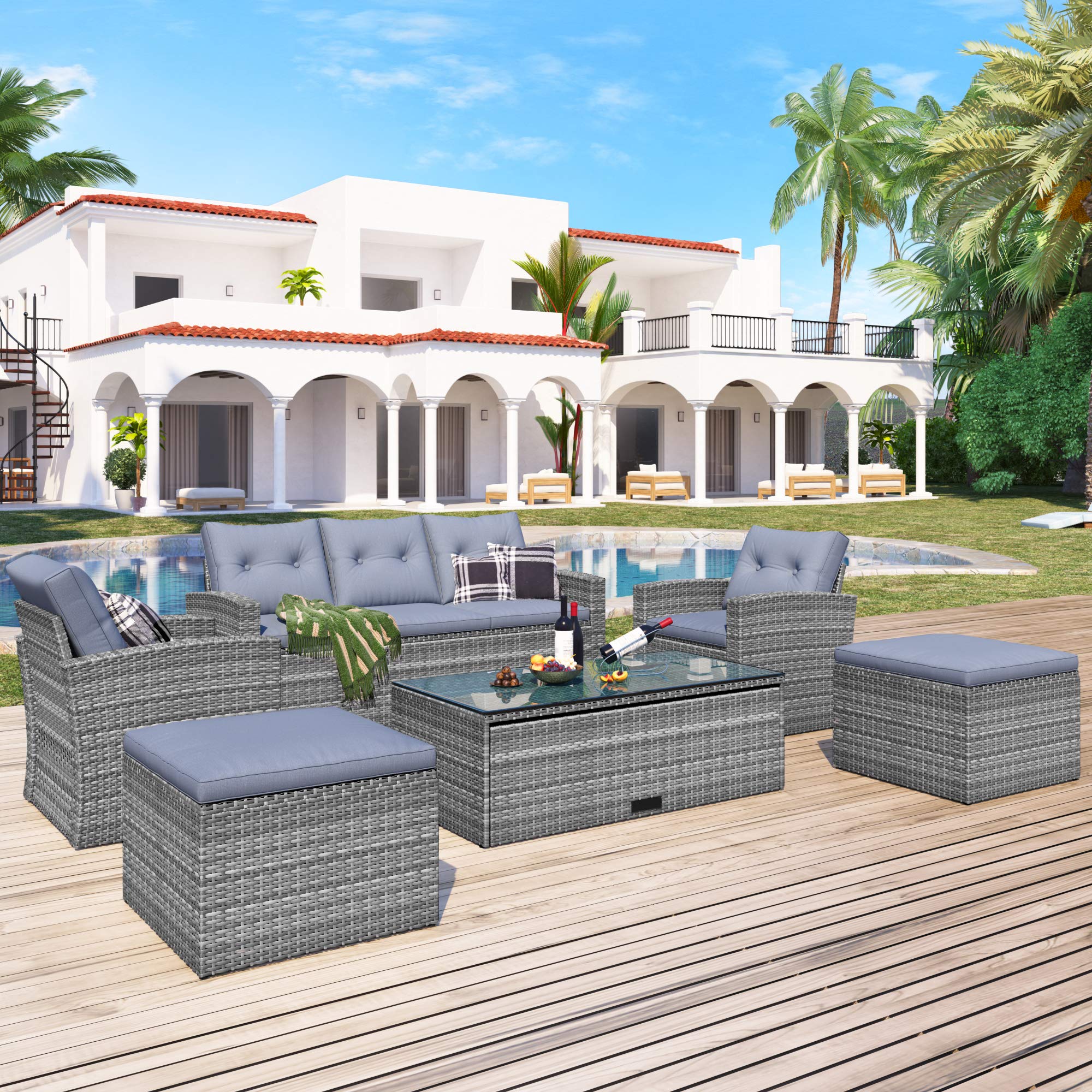 Brabrety 6-Piece All-Weather Wicker PE Rattan Patio Outdoor Dining Conversation Sectional Set with Coffee Table, Wicker Sofas, Removable Cushions for Patio, Deck, Yard, Garden. (Gray#1)