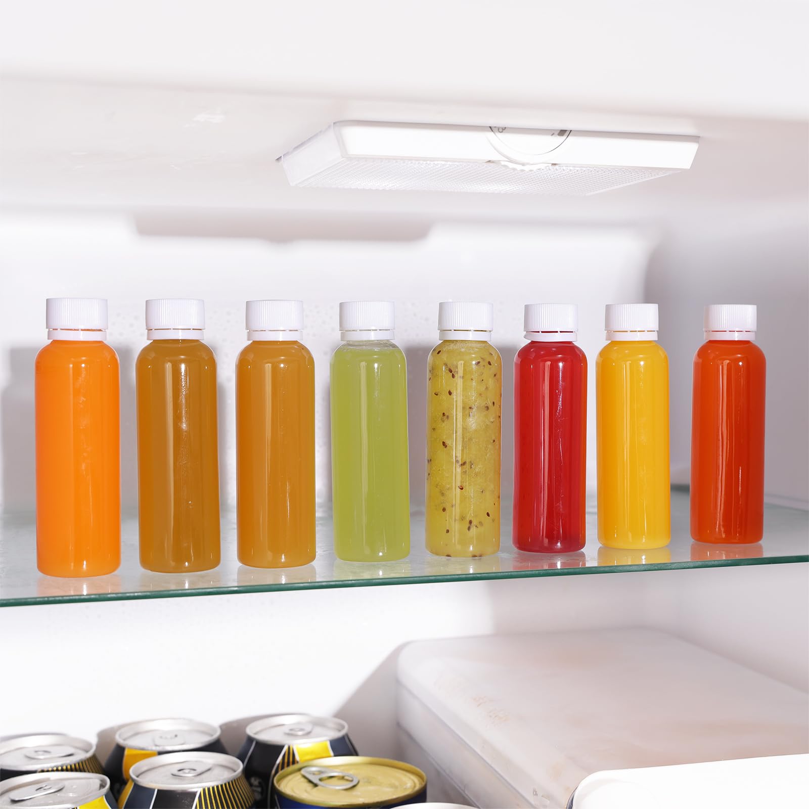 Moretoes 20pcs 2oz Small Plastic Beverage Bottle, Clear Juice Bottle with Lid, Reusable Leak-proof Containers with Cap for Juices, Ginger Shot, Shampoos and Other Liquids
