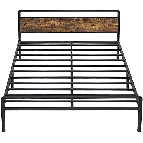 JOM Queen Bed Frame with Headboard and Storage No Box Spring Needed Metal-Wood Platform Bedframe Size Black 14 Inch High