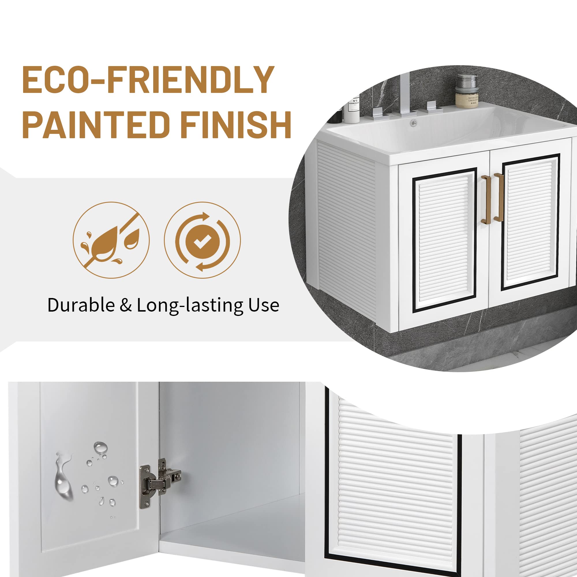 Polibi 24" Wall Mounted Bathroom Vanity with Ceramic Basin, Two Shutter Doors, Solid Wood & MDF Board, Modern Hanging Bath Cabinet