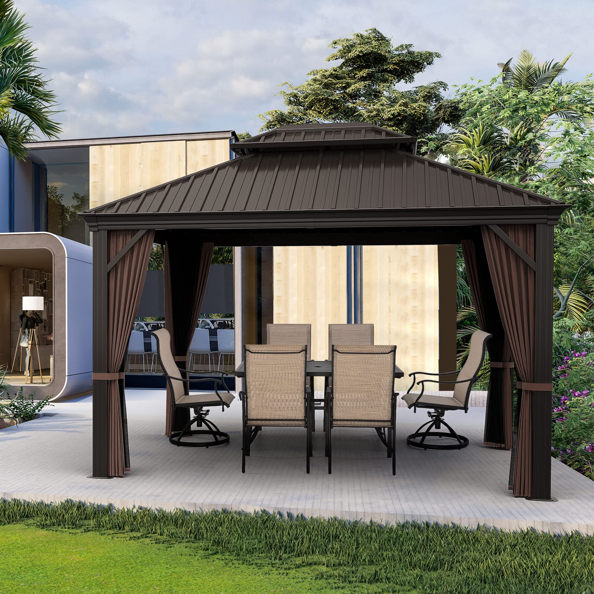 BACKYADOOR 10x12 Gazebo, Outdoor Hardtop Gazebo with Mosquito Netting and Curtains, Hard Top Metal Gazebo for Backyard, Deck, Poolside (Brown)