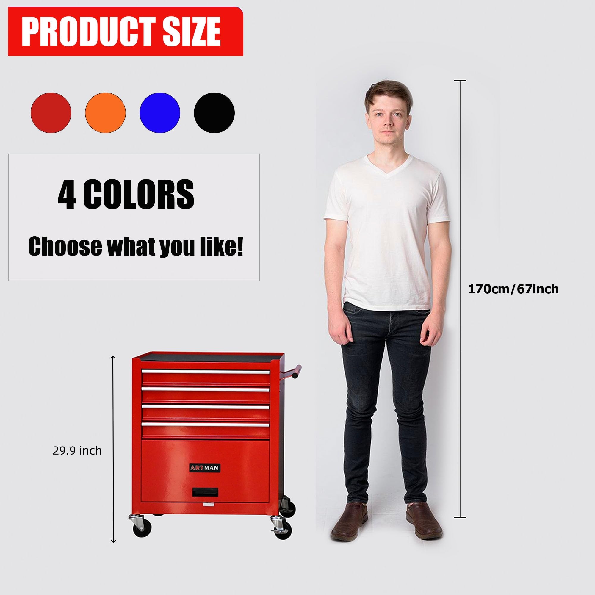nifoti 4 Drawers Tool Cart on Wheels,Rolling Tool Box Tool Storage, Drawers Rolling Tool Box Organizer Tool Case for Garage, Warehouse, Workshop, Repair Shop (4 Drawers(Red))