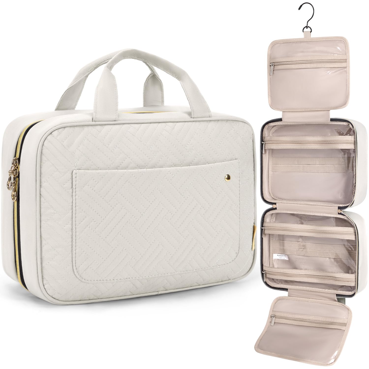 BAGSMART Toiletry Bag Travel Bag with Hanging Hook, Water-resistant Makeup Cosmetic Bag Travel Organizer for Accessories, Shampoo, Full Sized Container, Toiletries (Beige, Large)