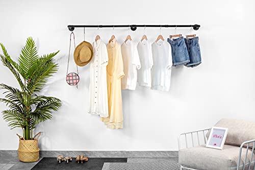 iflove Industrial Pipe Clothing Rack, 70 Inch Wall Mounted Clothes Rack, Wall Racks Hangers Laundry Room for Hanging Clothes, Closet Rods Heavy Duty, Display Rack for Retail, Black with 4 Hooks