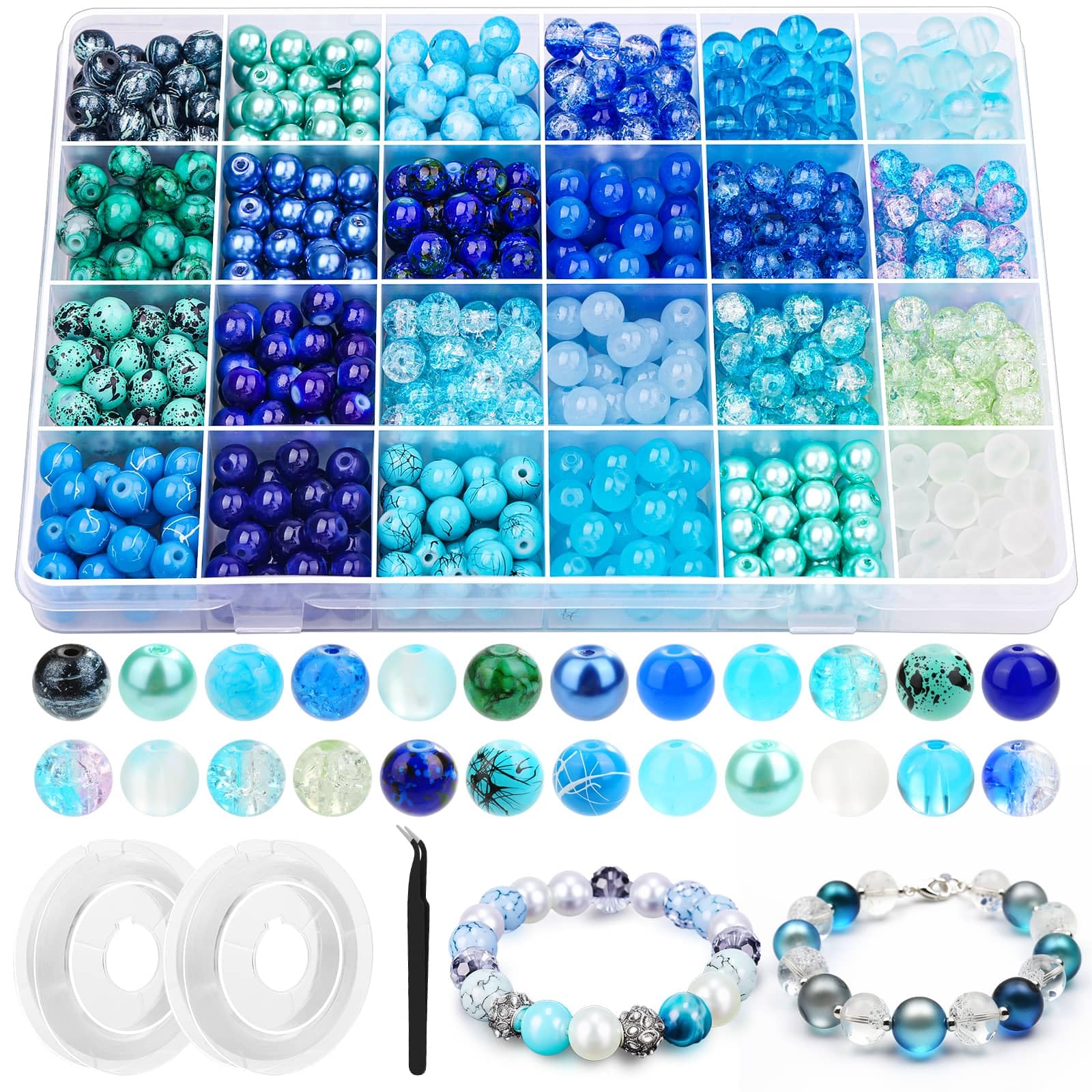 720pcs Glass Beads for Jewelry Making 8mm, 24 Colors Bead Bracelet Making Kit Blue Round Loose Beads for Bracelet Earring Necklace Jewelry Making Supplies