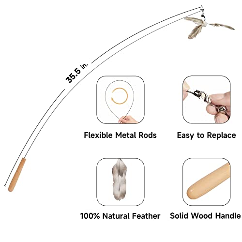 FUKUMARU Cat Wand Toy, 35.5 Inch Cat Feather Propeller Toy with Bell, Steel Wire Cat Toy for Indoor Cats with Natural Feather, Solid Wood Handle an Extra Cat Toy Feather Replacement