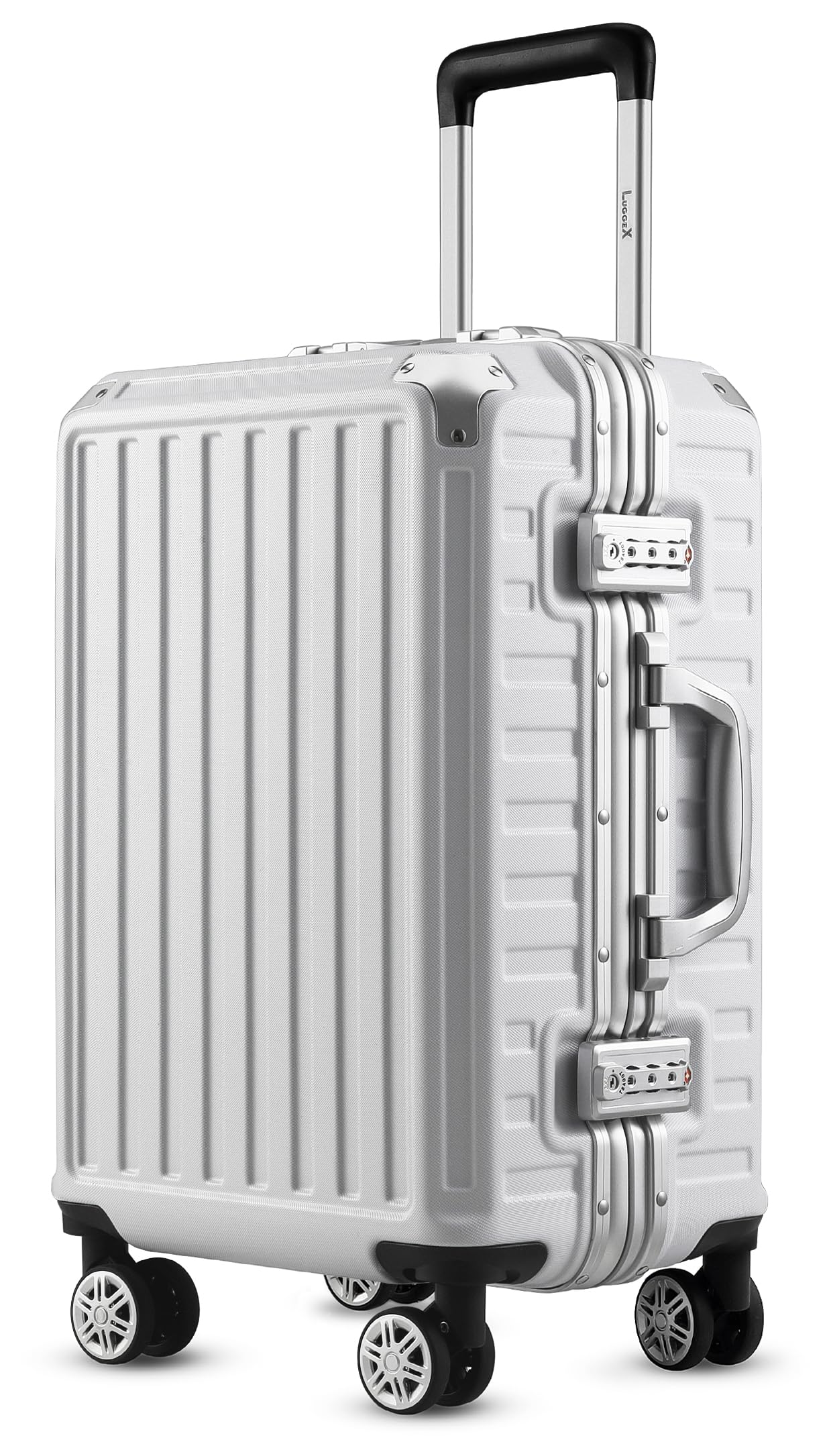 LUGGEX Carry On Luggage with Aluminum Frame, Polycarbonate Zipperless Luggage with Wheels, White Hard Shell Luggage 4 Metal Corner