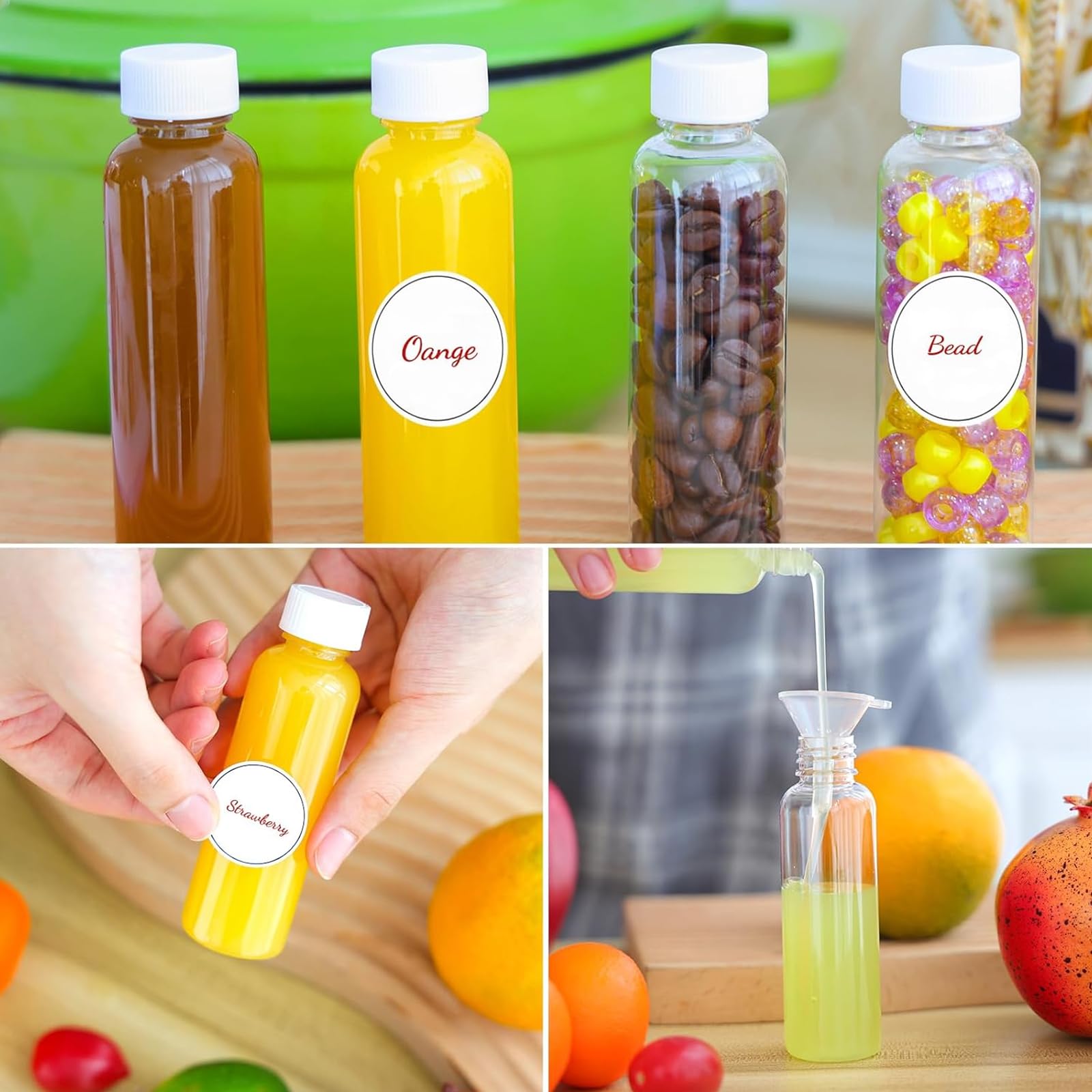 Moretoes 20pcs 2oz Small Plastic Beverage Bottle, Clear Juice Bottle with Lid, Reusable Leak-proof Containers with Cap for Juices, Ginger Shot, Shampoos and Other Liquids