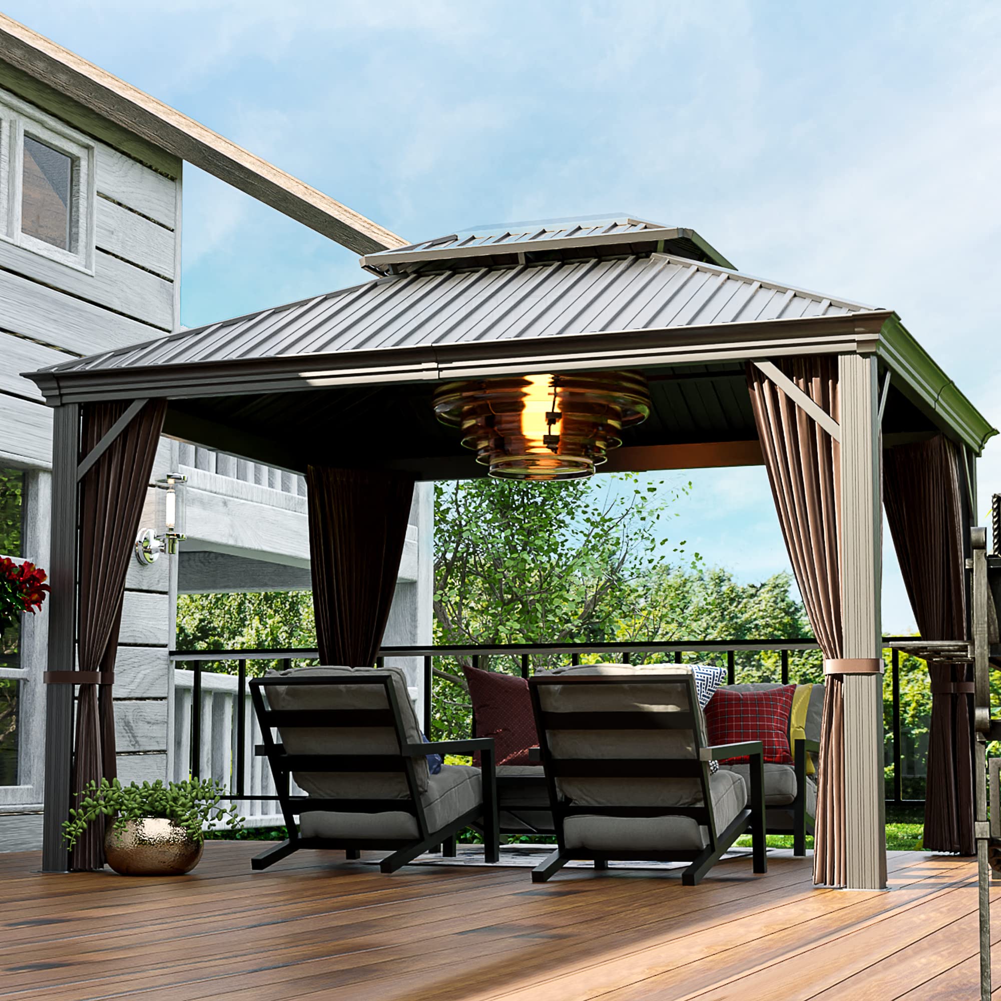 BACKYADOOR 10x12 Gazebo, Outdoor Hardtop Gazebo with Mosquito Netting and Curtains, Hard Top Metal Gazebo for Backyard, Deck, Poolside (Brown)
