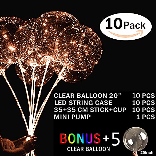 10 Pack LED Bobo Balloons with Stick and Pump,Transparent LED Light Up Balloons, Helium Glow Bubble Balloons with String Lights for Party Birthday Wedding Festival Decorations (Warm white)