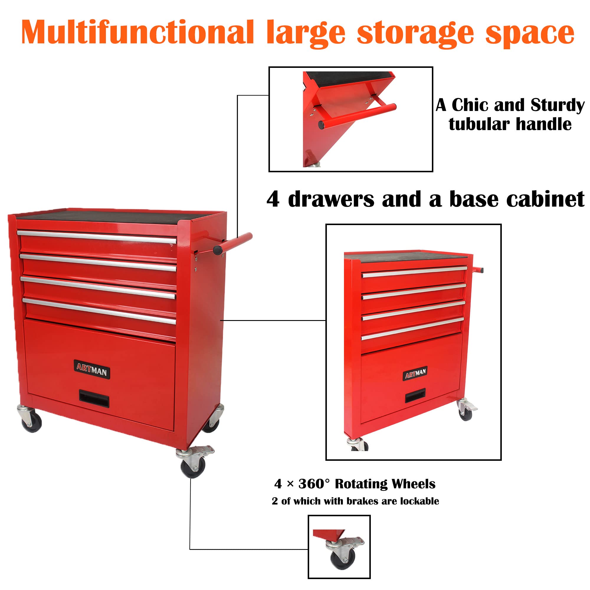 nifoti 4 Drawers Tool Cart on Wheels,Rolling Tool Box Tool Storage, Drawers Rolling Tool Box Organizer Tool Case for Garage, Warehouse, Workshop, Repair Shop (4 Drawers(Red))