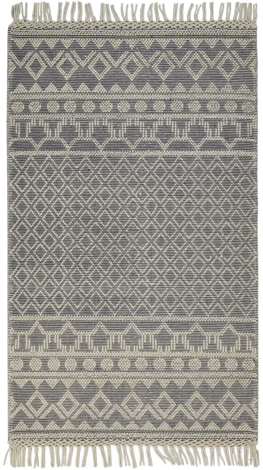 8' X 10' Gray and Ivory Wool Geometric Hand Woven Area Rug with Fringe