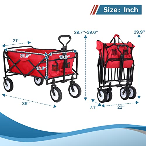 Dkelincs Folding Wagon, Red, Adjustable, Durable, Portable, Resistant, Utility Cart Wagon