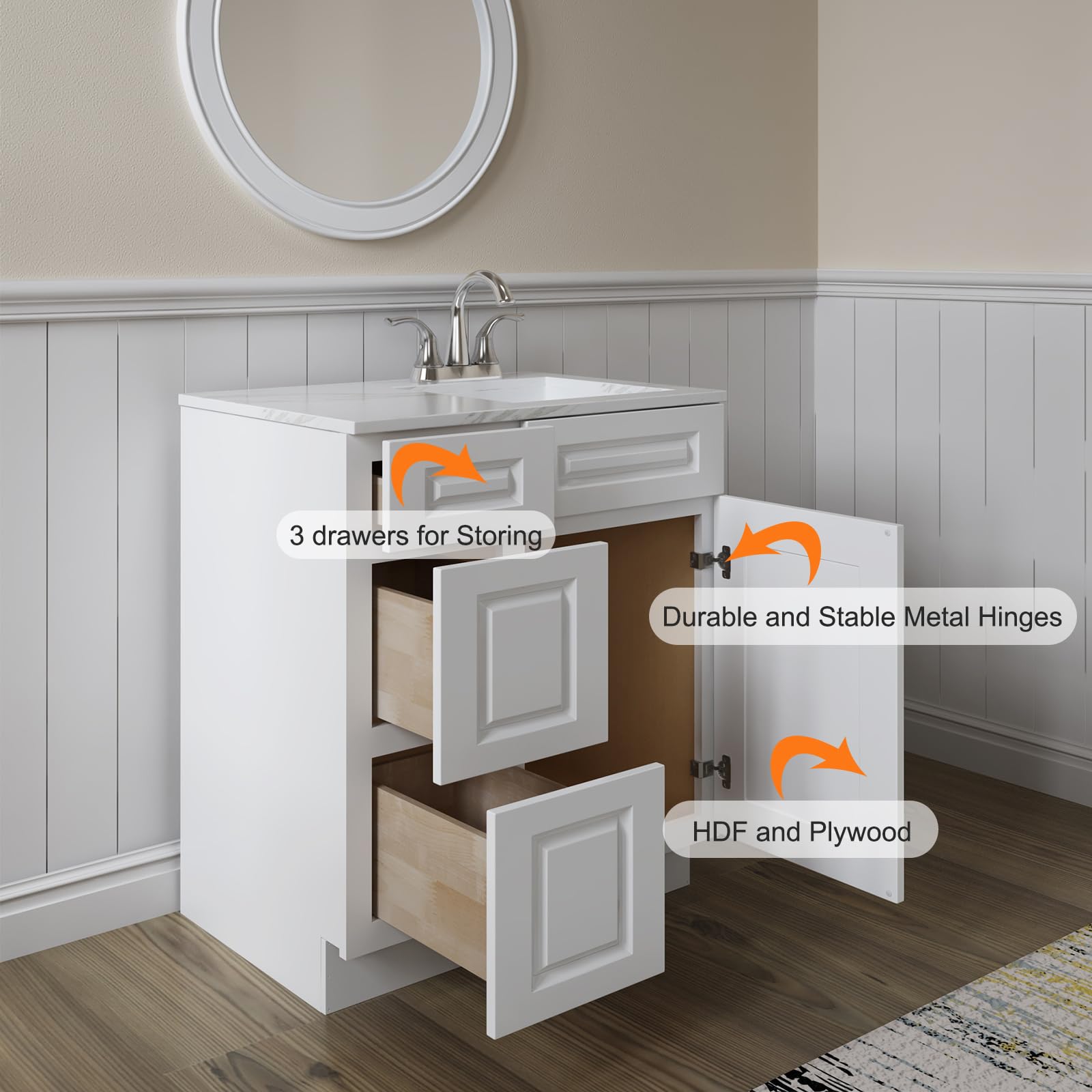 LOVMOR 30'' Bathroom Vanity Sink Base Cabine, Storage Cabinet with 3-Drawers on The Left, Suitable for Bathrooms, Kitchens, Laundry Rooms and Other Places.