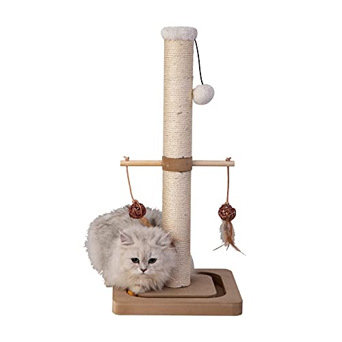 PEEKAB Cat Scratching Post Premium Sisal Toll Scratch Posts with Tracking Interactive Toys Vertical Scratcher for Indoor Cats and Kittens- 25 inches Beige