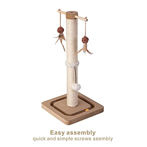 PEEKAB Cat Scratching Post Premium Sisal Toll Scratch Posts with Tracking Interactive Toys Vertical Scratcher for Indoor Cats and Kittens- 25 inches Beige