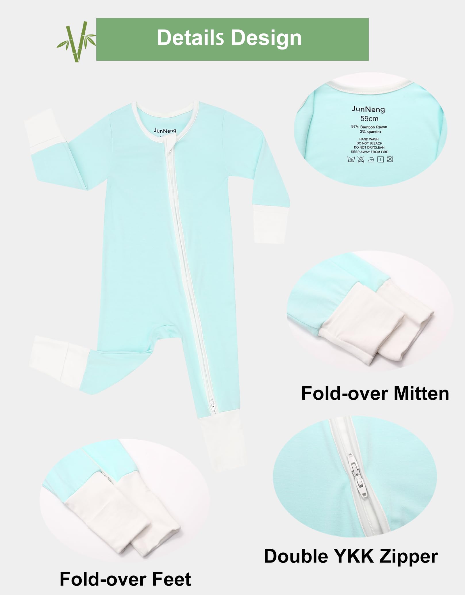 JunNeng Rayon from Bamboo Baby Romper Sleeper with Mitten Cuffs Feet,Newborn Boy Girl Zipper Snug Fit Sleep 'N Play (Green+Blue, 6-12 Months)