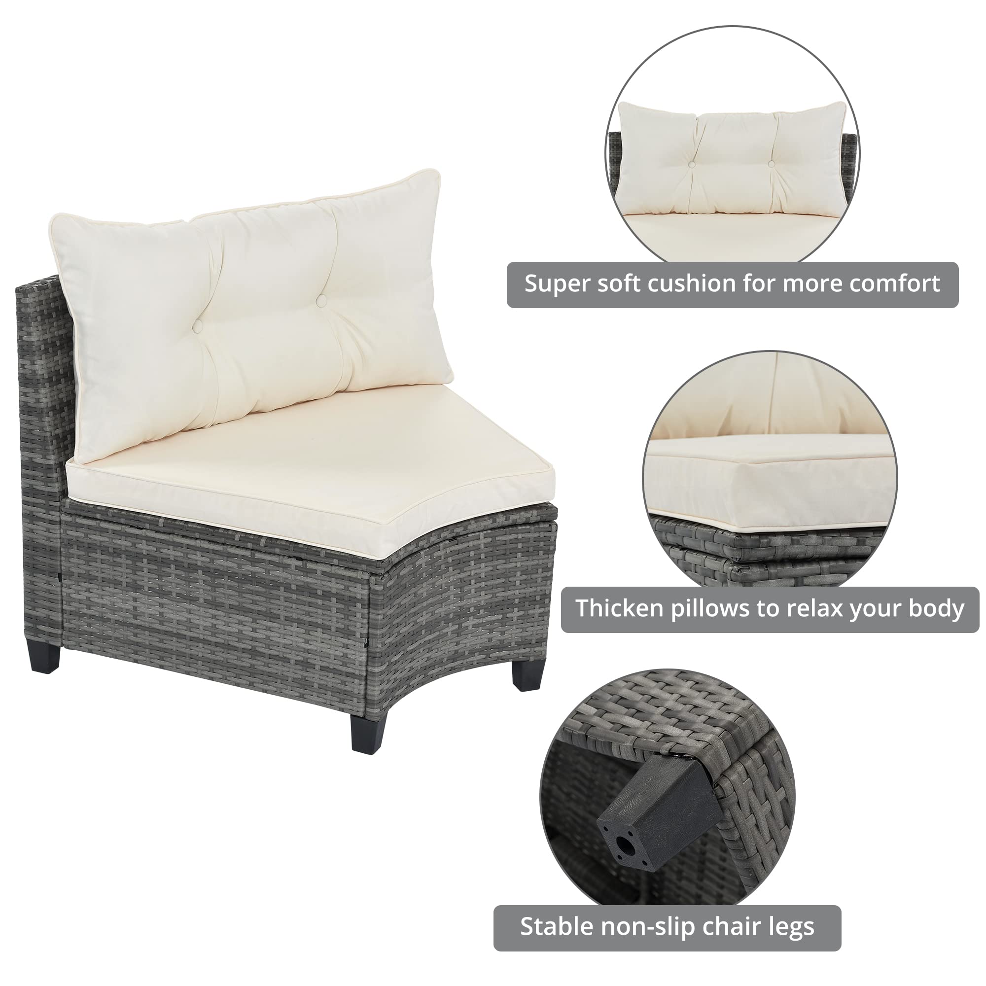 GLORHOME Half-Moon Outdoor Wicker Sofa Set 8-Piece Patio Furniture with Movable Cushion Coffee Table, Water-Resistant and UV Protected PE Rattan, Beige