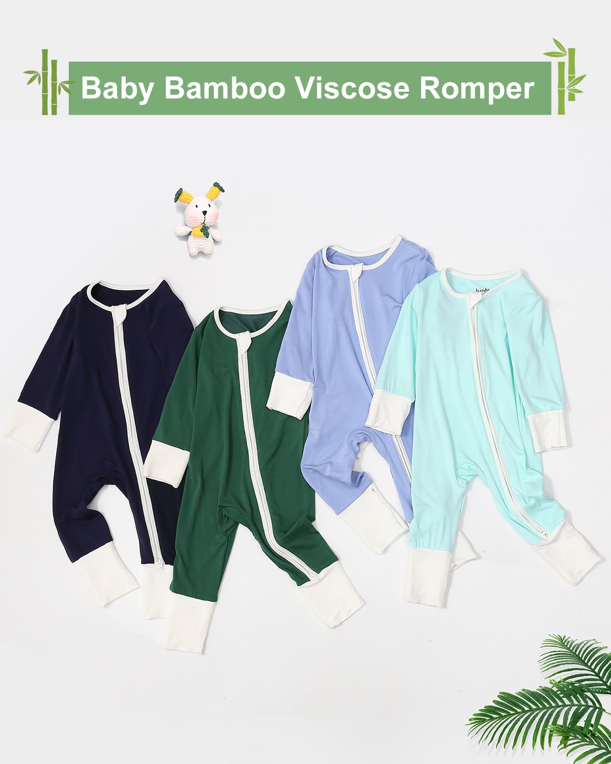 JunNeng Rayon from Bamboo Baby Romper Sleeper with Mitten Cuffs Feet,Newborn Boy Girl Zipper Snug Fit Sleep 'N Play (Green+Blue, 6-12 Months)