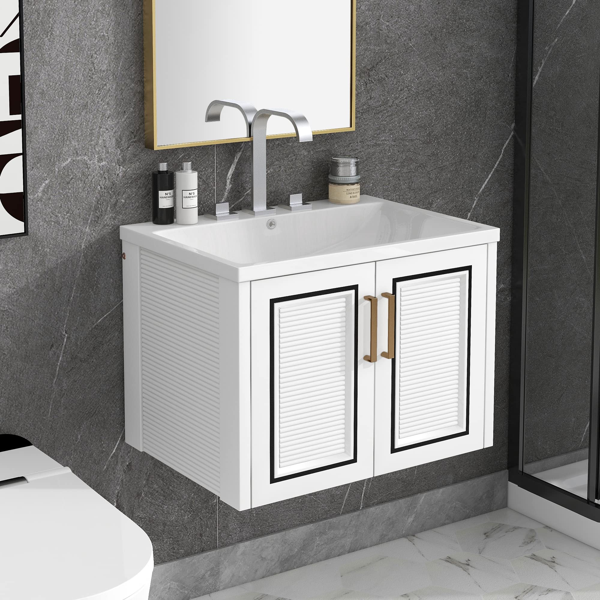 Polibi 24" Wall Mounted Bathroom Vanity with Ceramic Basin, Two Shutter Doors, Solid Wood & MDF Board, Modern Hanging Bath Cabinet