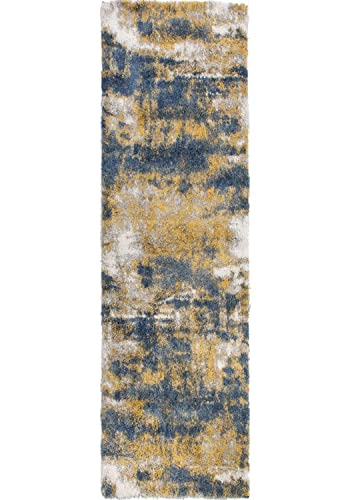 Noori Rug - Premium & Luxury Imported - Lux Madison Machine Made High Pile Abstract - Runner - Blue - Gold - 3'2" x 12'2", Entryway, Kitchen