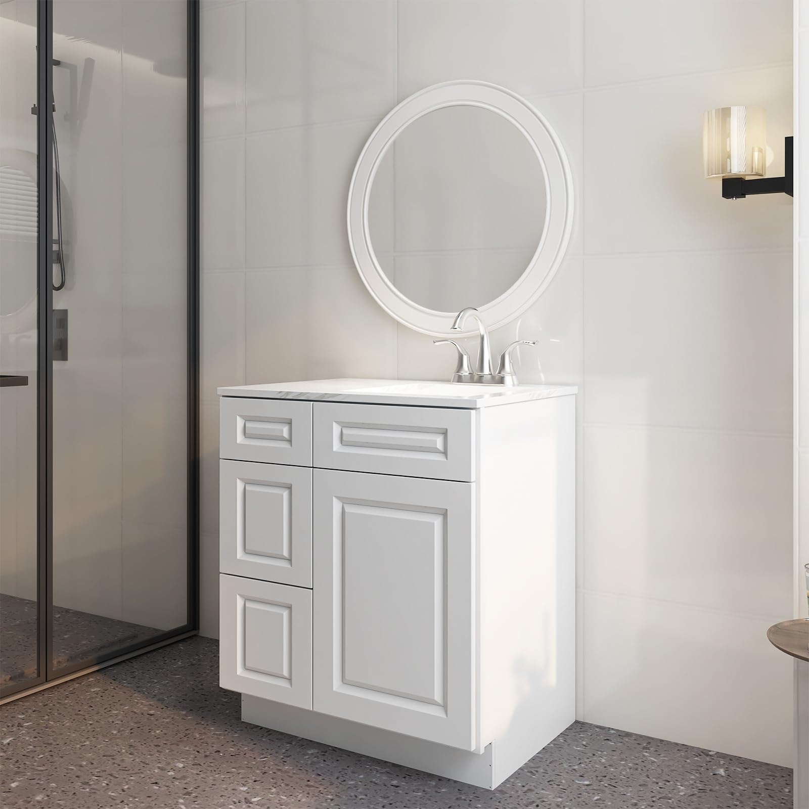 LOVMOR 30'' Bathroom Vanity Sink Base Cabine, Storage Cabinet with 3-Drawers on The Left, Suitable for Bathrooms, Kitchens, Laundry Rooms and Other Places.