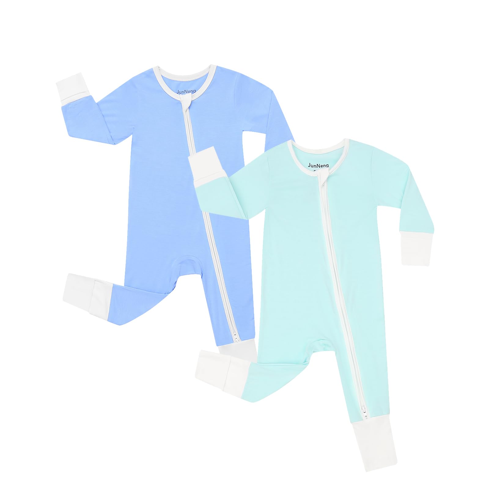 JunNeng Rayon from Bamboo Baby Romper Sleeper with Mitten Cuffs Feet,Newborn Boy Girl Zipper Snug Fit Sleep 'N Play (Green+Blue, 6-12 Months)