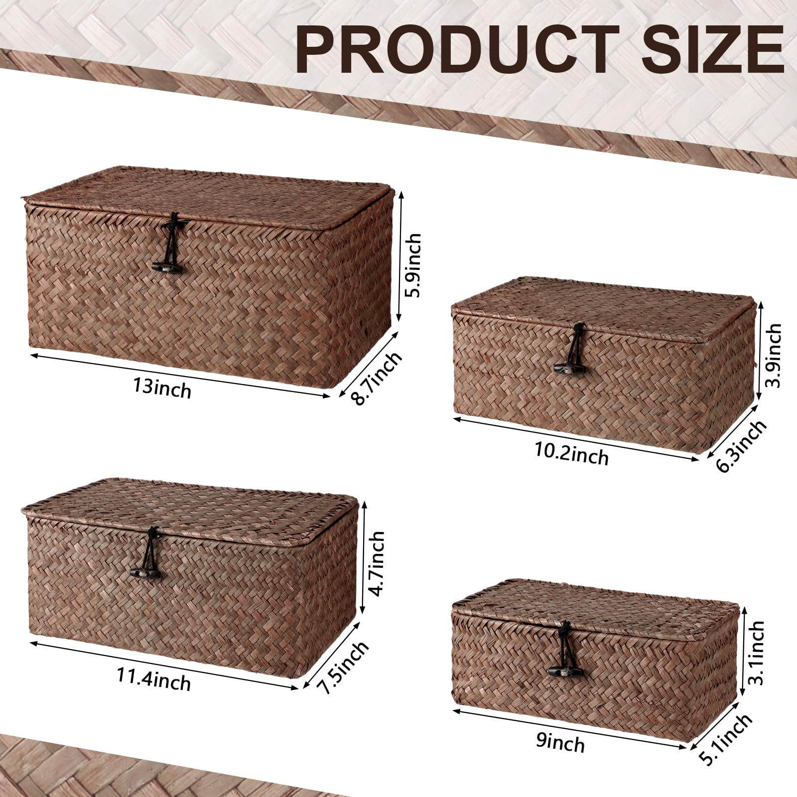 Woanger Set of 4 Seagrass Storage Bins with Lid Wicker Storage Baskets Organizer for Organizing, Woven Bins Home Utility Box for Home Office Supplies(Coffee)