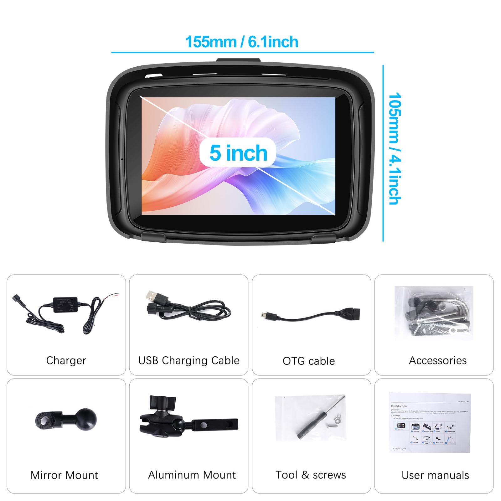 CAMECHO Portable Wireless Carplay Android Auto for Motorcycle, 5" IPS Touch Screen Portable Motorcycle Navigator IPX7 Waterproof, Dual Bluetooth, GPS Navigation for Most Motorbike, Siri