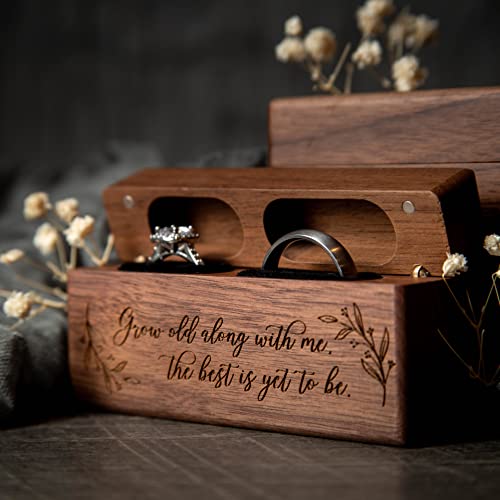 MUUJEE Grow Old With Me Double Ring Box - Engraved Slim Wooden Ring Case Box for Wedding Ceremony Engagement Proposal Ring Bearer Box - Anniversary Birthday Gift Ideas