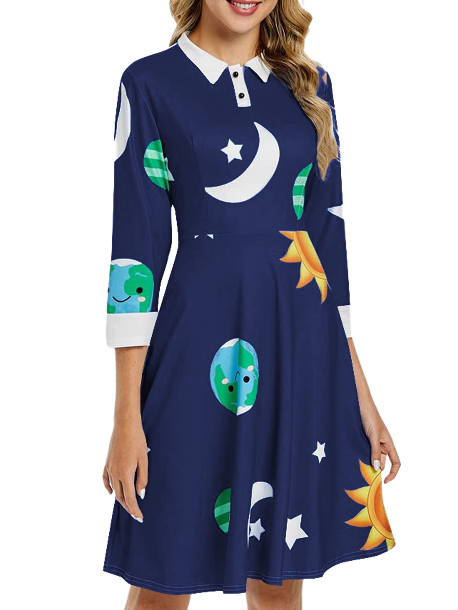 ZEZCLO Women's Long Sleeve Peter Pan Collar A-line Dress Halloween Costume Vintage Solar System Fit and Flare Dresses Dark Blue L