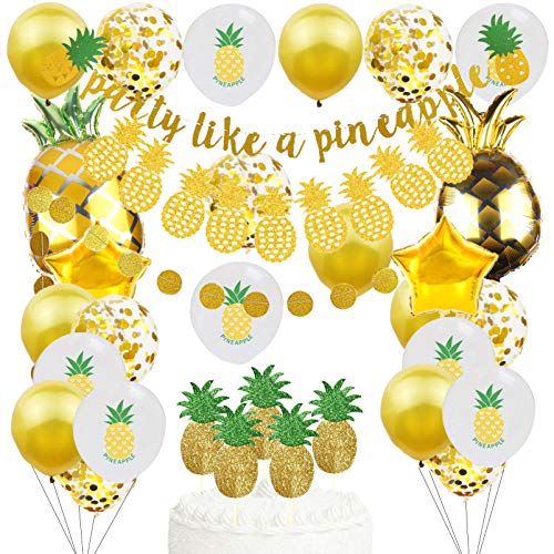 Gold Glitter Pineapple Party Decorations Summer Pineapple Garland Banner Pineapple Garland Latex Balloons Pineapple Foil Balloons Cupcake Toppers for Bachelorette,Birthday Luau Summer Party Decoration