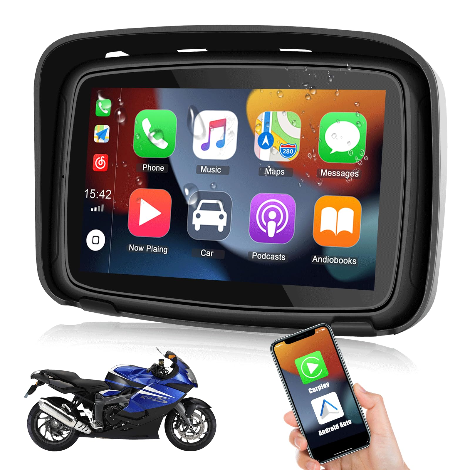 CAMECHO Portable Wireless Carplay Android Auto for Motorcycle, 5" IPS Touch Screen Portable Motorcycle Navigator IPX7 Waterproof, Dual Bluetooth, GPS Navigation for Most Motorbike, Siri