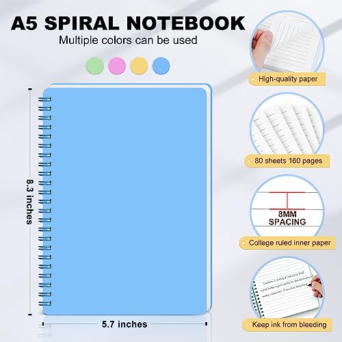 Spiral Notebook, 5.7" x 8.3" College Ruled Notebook with 4 Colors Spiral Journals for Women, 80 Sheets / 160 Pages Per Journal with Twin-Wire Binding, Thick Plastic Hardcover and 8mm Ruled Lined