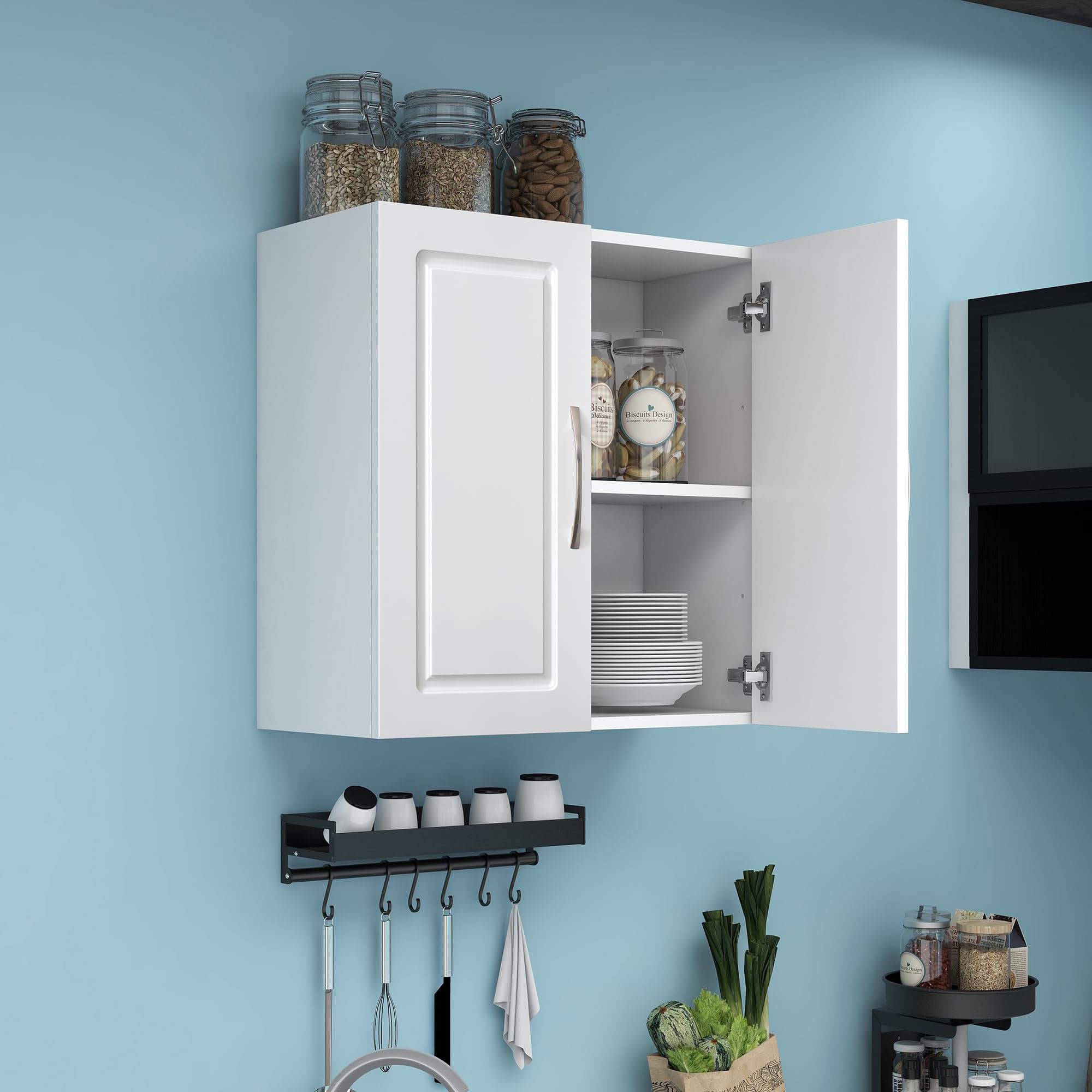 VANIRROR White Storage Cabinets, Bathroom Wall Cabinet Laundry Room Cupboard Over Toilet Space Storage Cabinet, Medicine Cabinet for Bathroom Kitchen with 2 Door and Adjustable Shelf