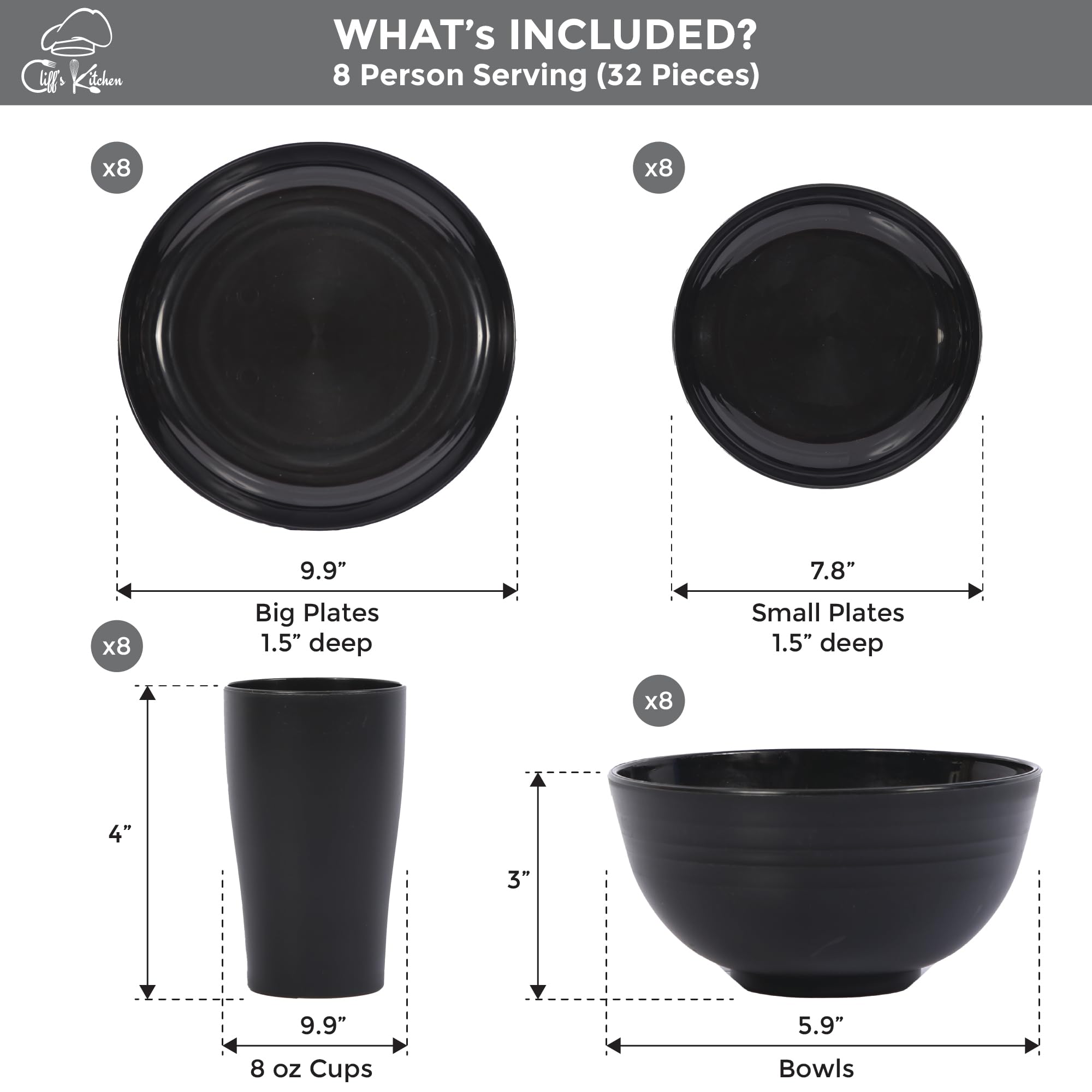 32 Pcs Wheat Straw Dinnerware Sets-Black Dinnerware Sets For 8- Unbreakable Outdoor Camping Dishes With Large Plates, Bowl And Cup Set-BPA Free,Lightweight,Microwave Safe Wheat Straw Plates And Bowls