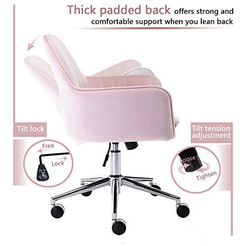 Altrobene Velvet Desk Chair, Ergonomic Computer Task Chair, Accent Reception Chair, 360 Degree Swivel, Height Adjustable, for Home Office/Study/Girls' Bedroom, Pink