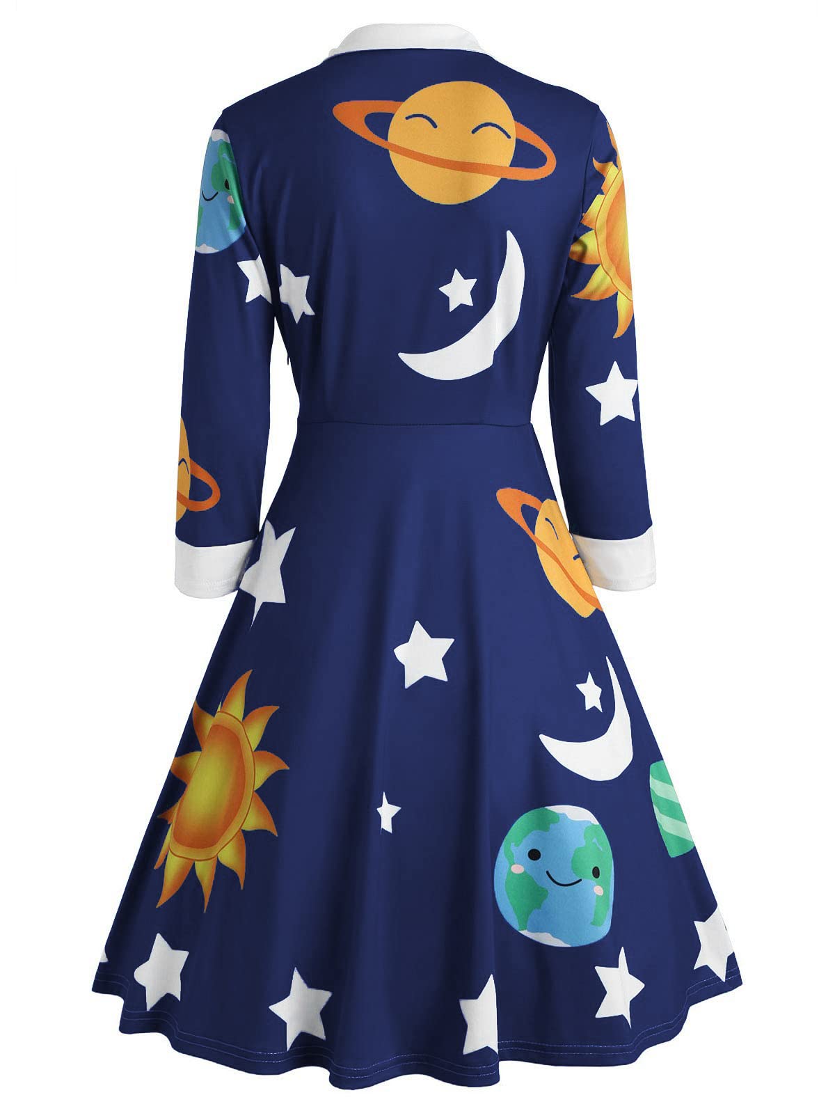 ZEZCLO Women's Long Sleeve Peter Pan Collar A-line Dress Halloween Costume Vintage Solar System Fit and Flare Dresses Dark Blue L