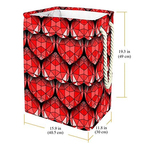 Waterproof Laundry Basket Large Collapsible Laundry Hamper With Handle 4 Detachable Rod, Red 3D Geometric Hearts Love Pattern Bedroom Storage Bin For Clothes, Toys