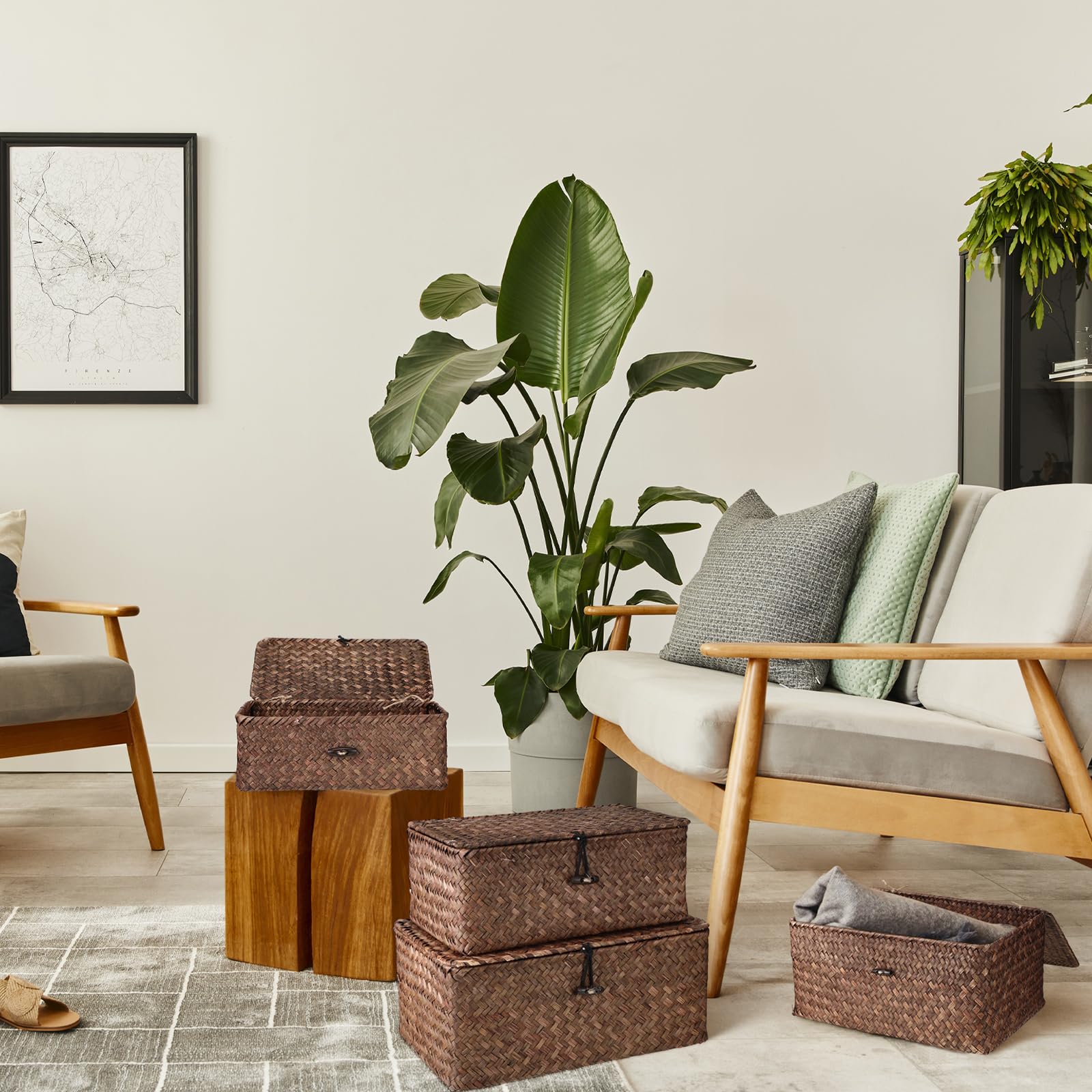 Woanger Set of 4 Seagrass Storage Bins with Lid Wicker Storage Baskets Organizer for Organizing, Woven Bins Home Utility Box for Home Office Supplies(Coffee)