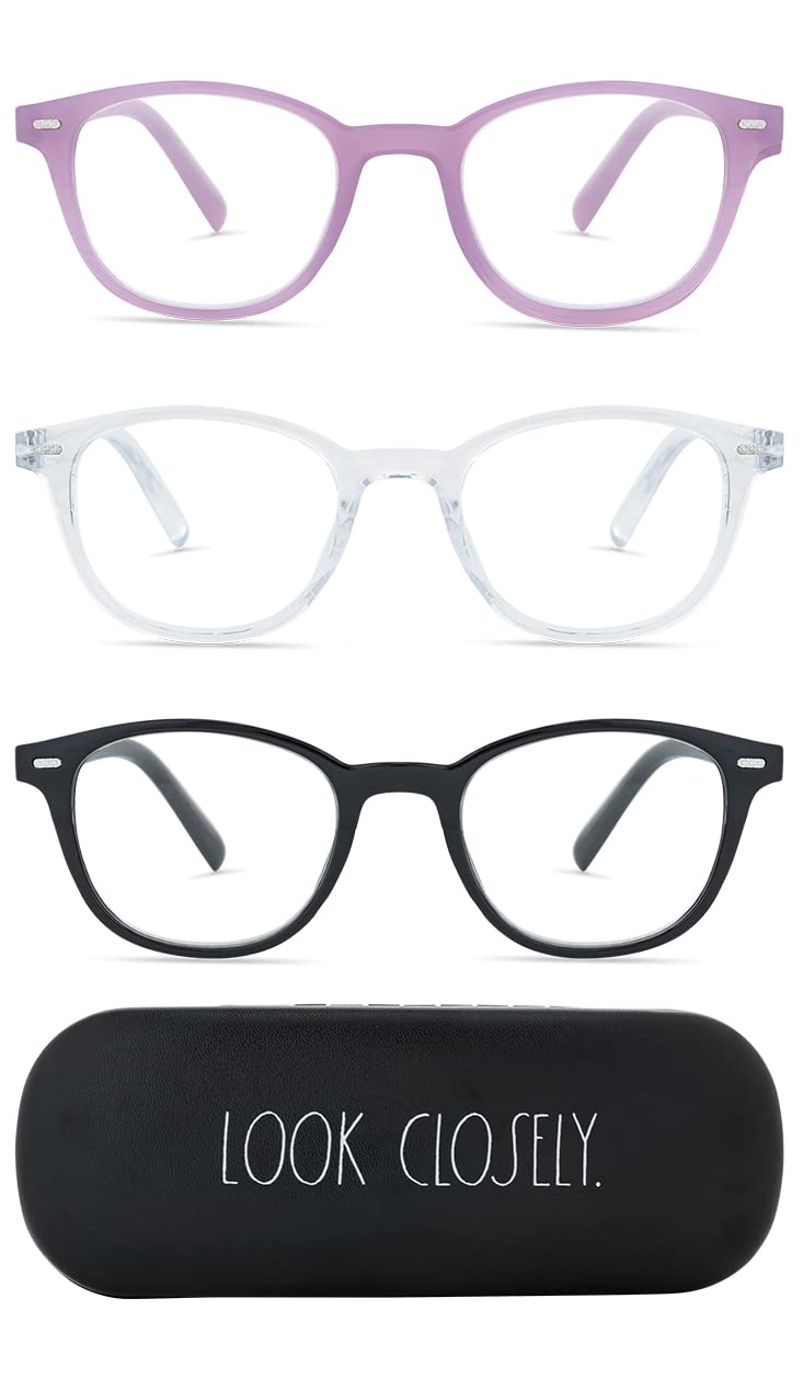 Rae Dunn "ELIZA Premium Reading Glasses - 3 Pack w/LOOK CLOSELY Signature Font Hard Case (GLossy Jet Black/Milky Lavender/Crystal Clear, 2.5, multiplier_x)